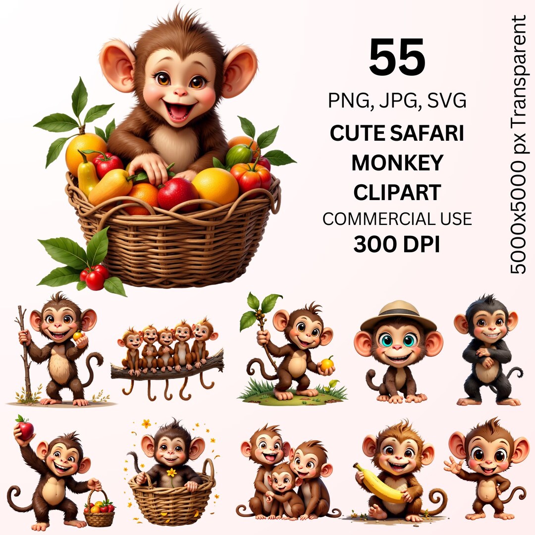 Cute Safari Monkey Clipart Bundle, 55 PNG JPG SVG, Baby Monkey Cartoon ...