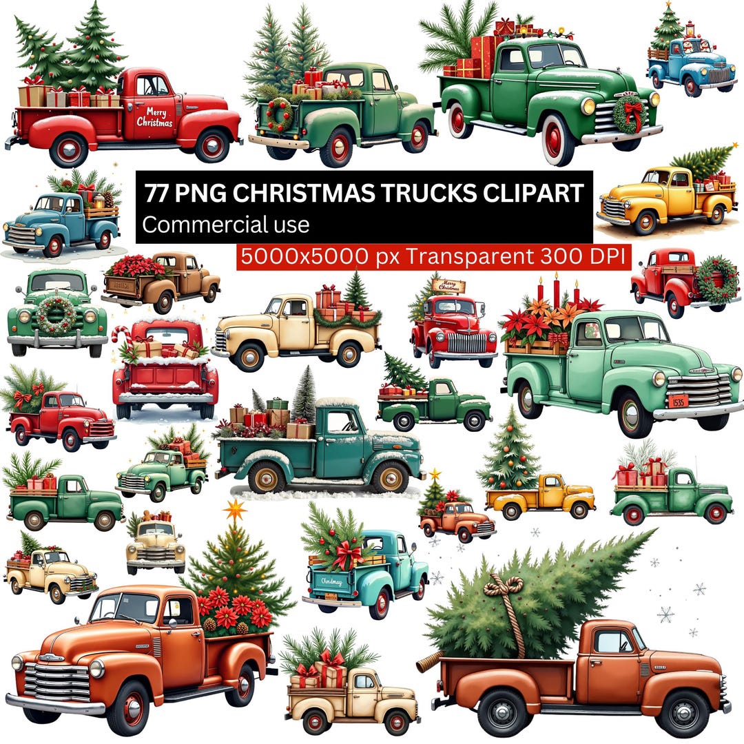 Christmas Trucks Clipart, Holiday Truck PNG, 77 Vintage Christmas ...