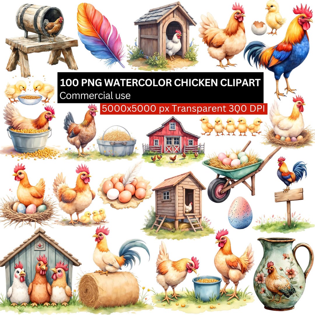 100 Watercolor Chicken PNG Clipart, Farm Animals Rooster Chicks Eggs ...