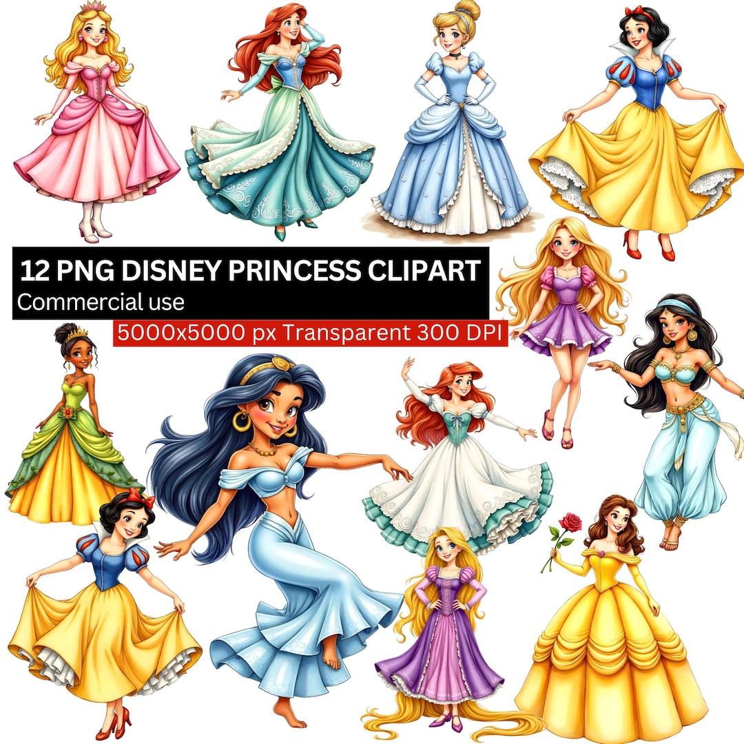 Disney Princess Clipart Bundle, 12 PNG Fairy Tale Princesses ...