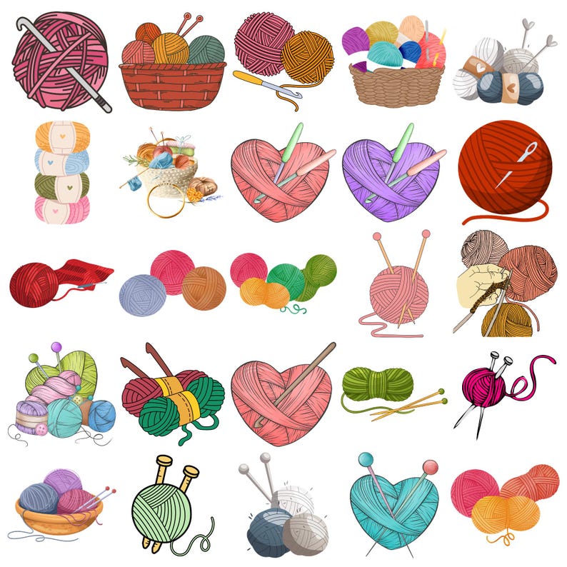 Watercolor Crochet PNG Clipart Set, 50 Knitting Yarn Illustrations ...