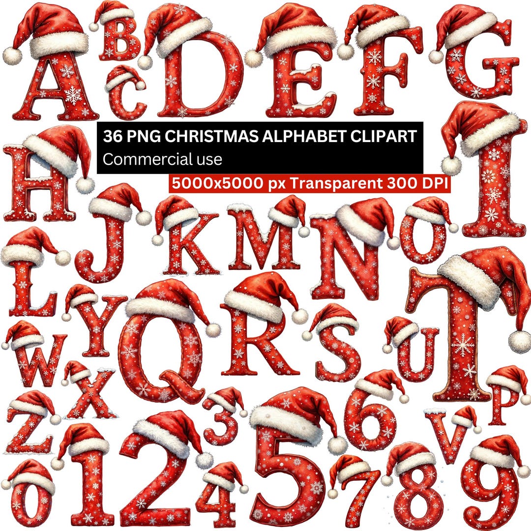 36 PNG Christmas Alphabet Clipart, Santa Hat Letters & Numbers, Red ...