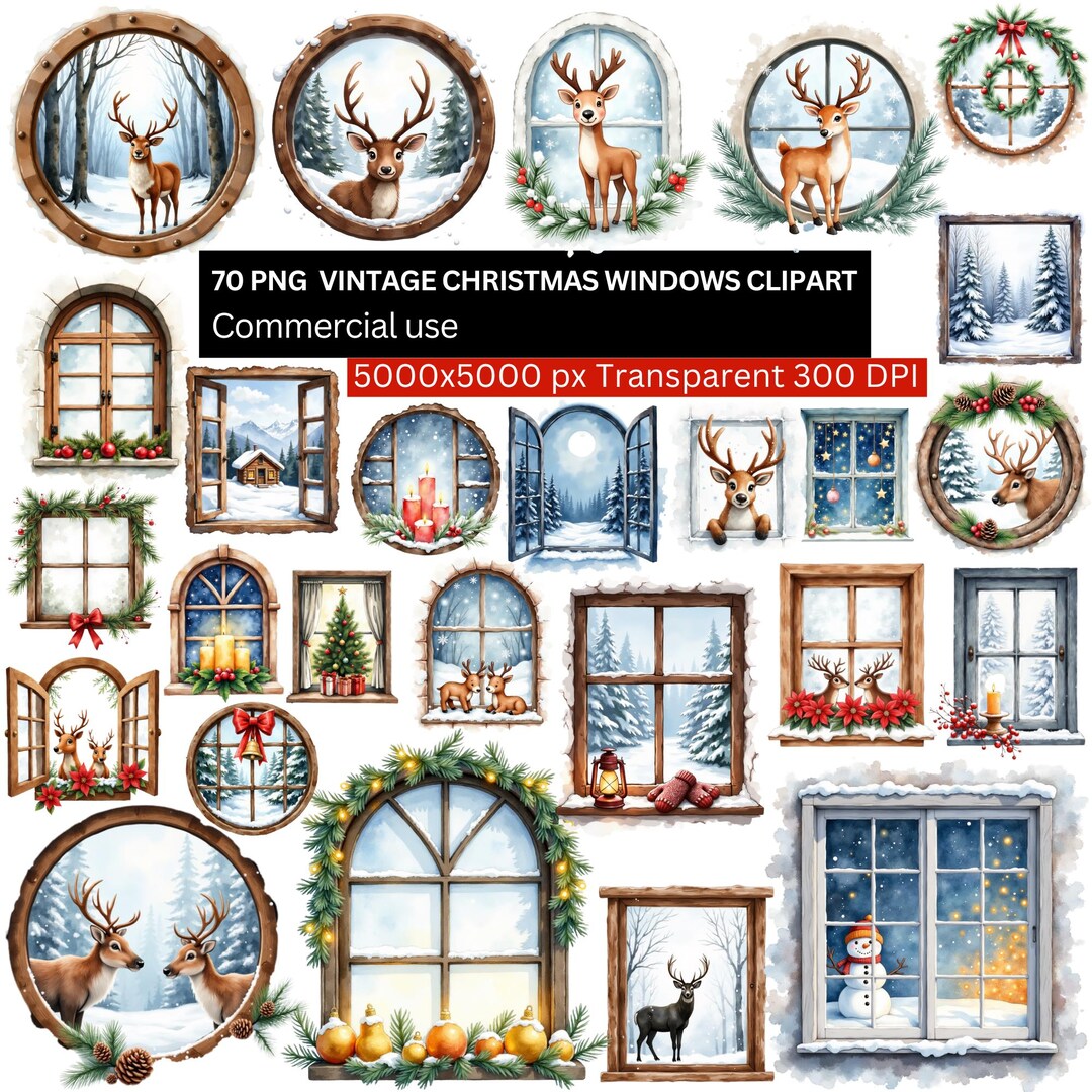 Vintage Christmas Windows Clipart, Rustic Winter Window Scene Png,deer ...