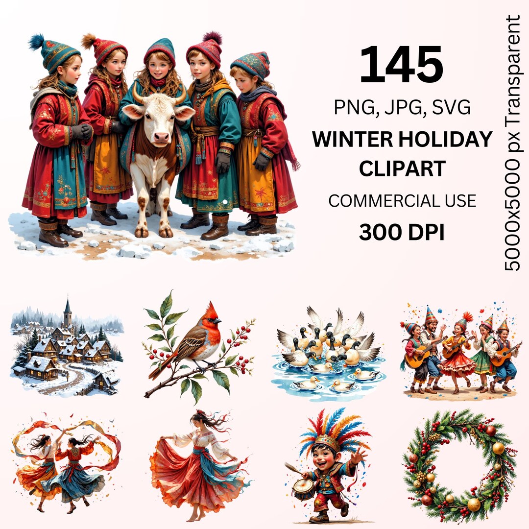 Winter Holiday Clipart Bundle, 145 PNG JPG SVG, Vintage Folk Winter Art ...