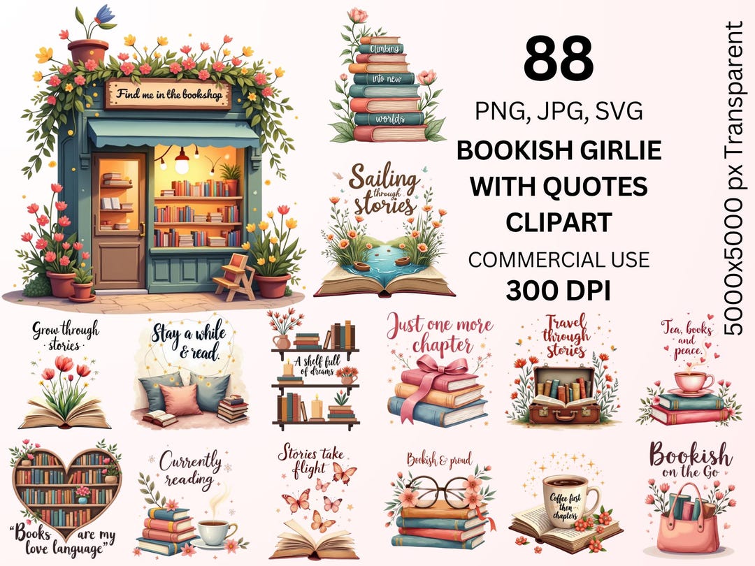 Bookish Clipart Bundle 88 PNG JPG SVG | Reading Quotes Clipart, Book ...