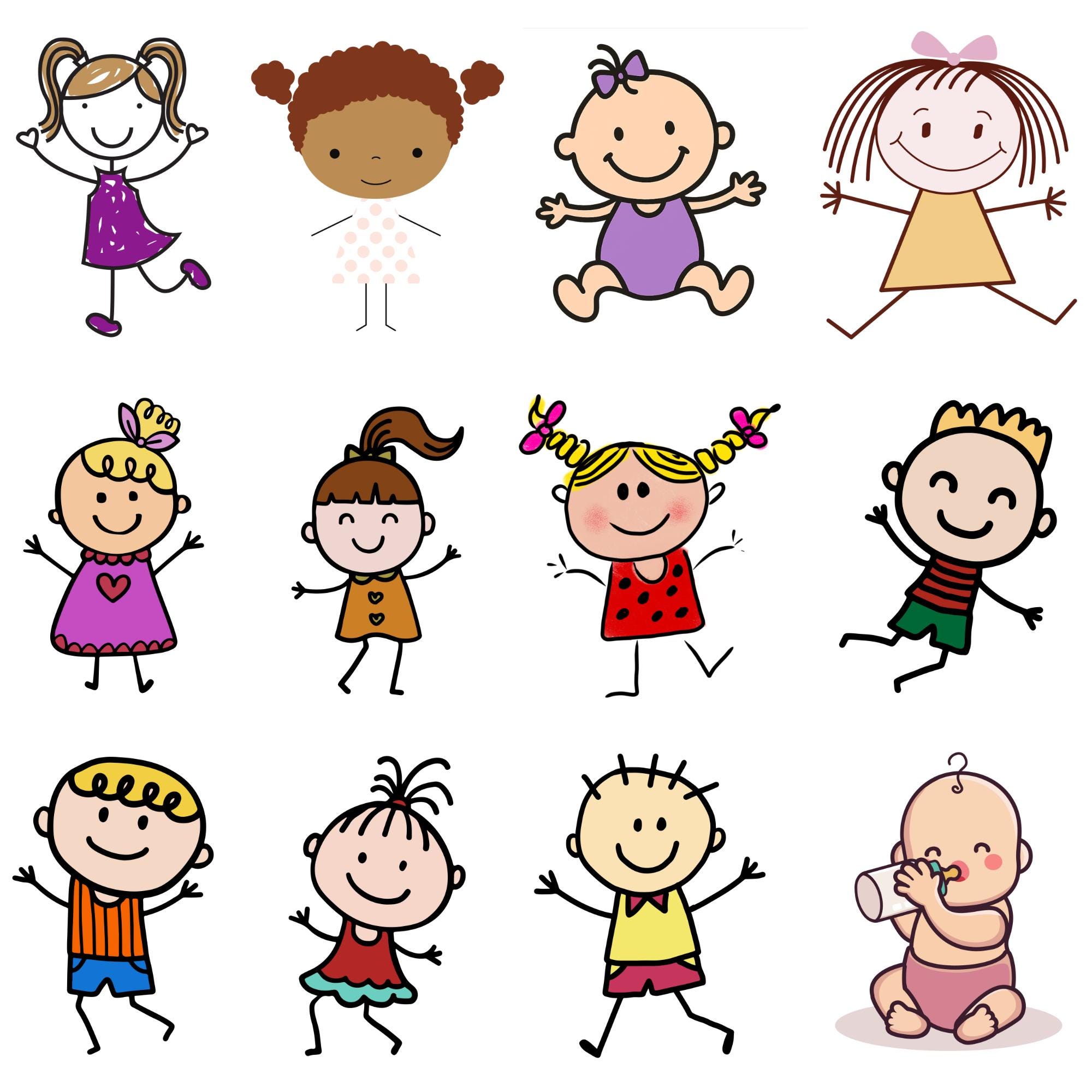 Baby Stick Figure Clipart Bundle, 55 PNG Cute Baby Stick Kids ...