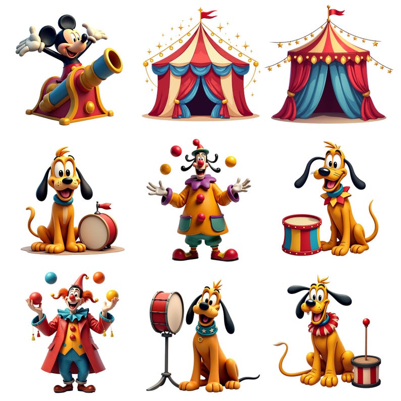 Mickey Mouse Circus Clipart, 75 PNG Bundle, Minnie, Donald, Daisy ...