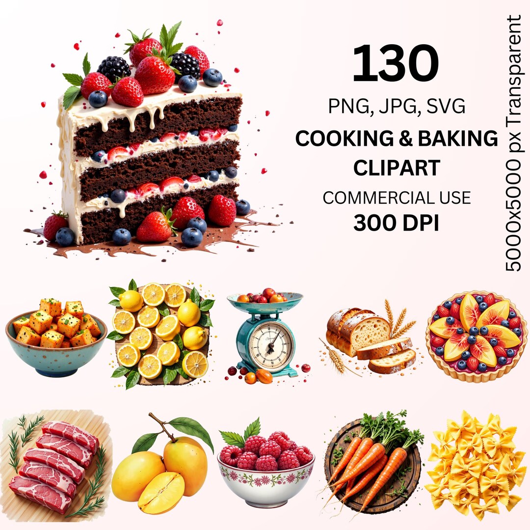 Cooking & Baking Clipart Bundle, 130 Food Illustrations PNG SVG ...