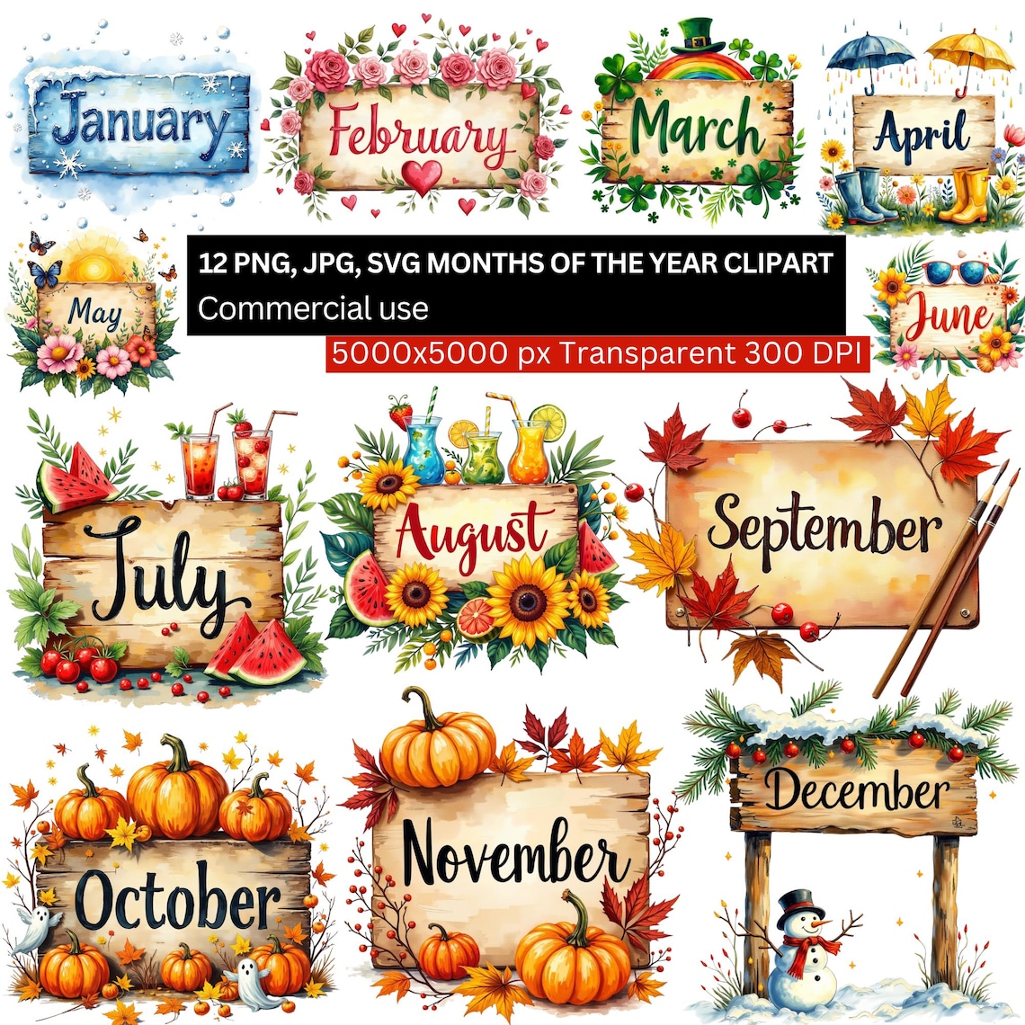 12 Months of the Year Clipart PNG JPG SVG Bundle, Seasonal Wooden Sign ...