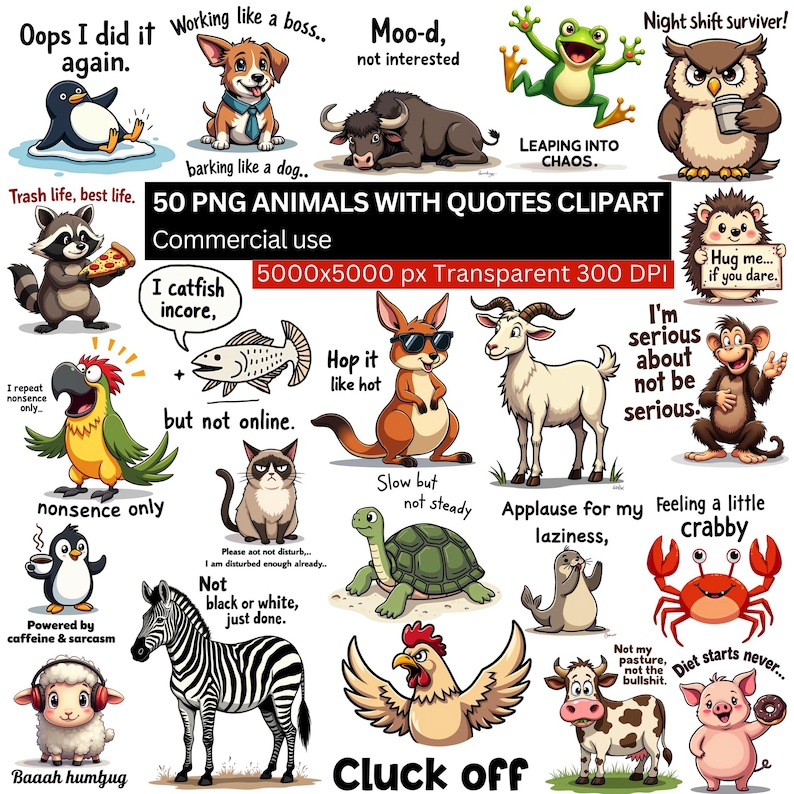 Animals With Quotes PNG, 50 Funny Sarcastic Clipart Bundle, Cute ...