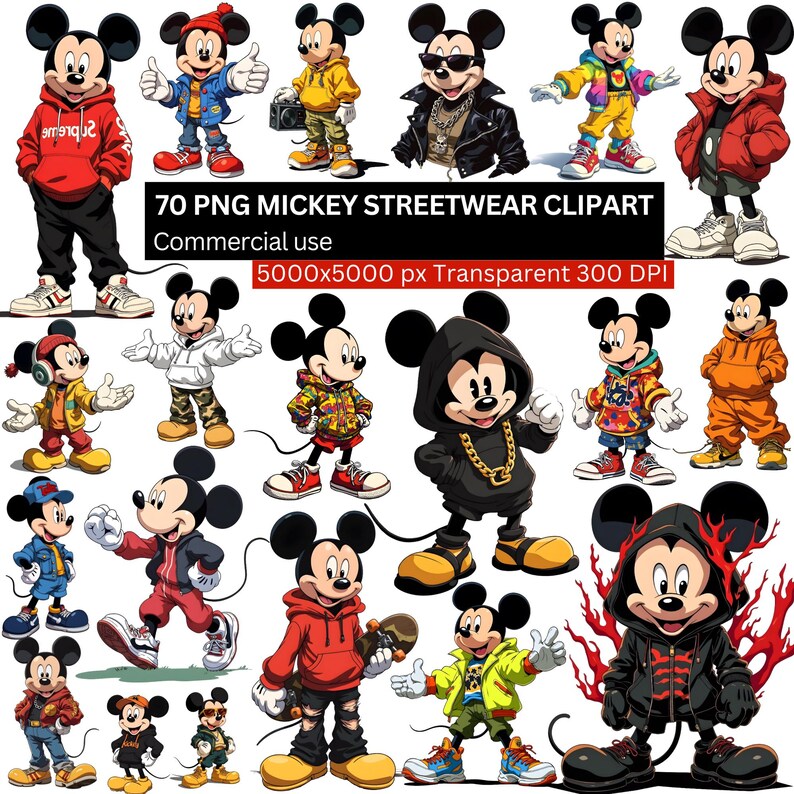 70 PNG Mickey Streetwear Clipart Bundle, Cool Urban Mickey ...