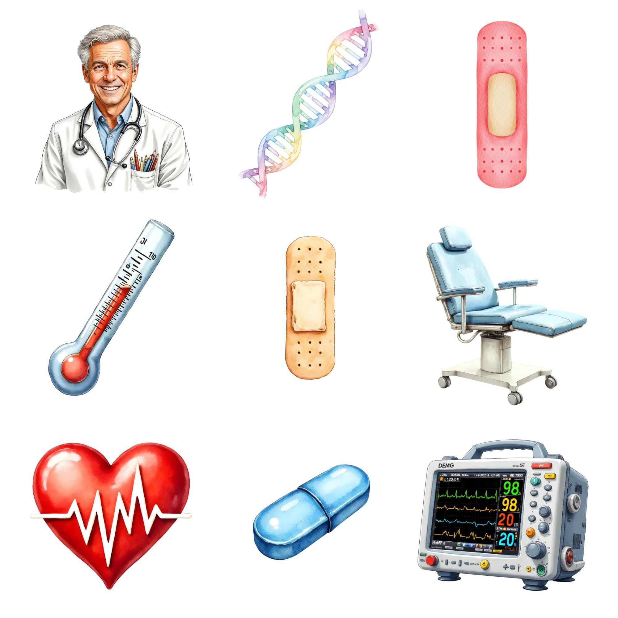 Watercolor Medical Clipart Bundle, 100 PNG Doctor, Nurse, Anatomy ...
