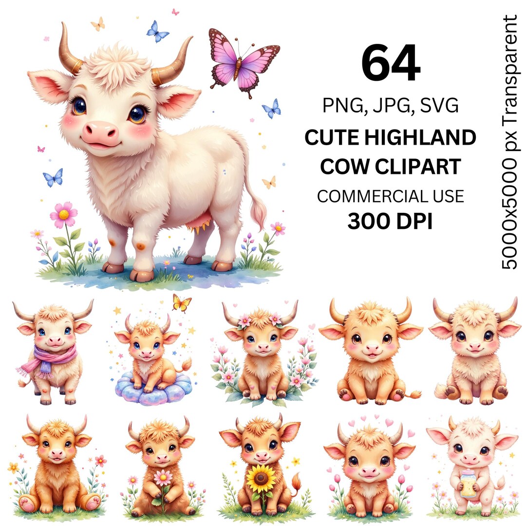 Cute Highland Cow Clipart Bundle, Baby Cow PNG SVG, Kawaii Farm Animal ...