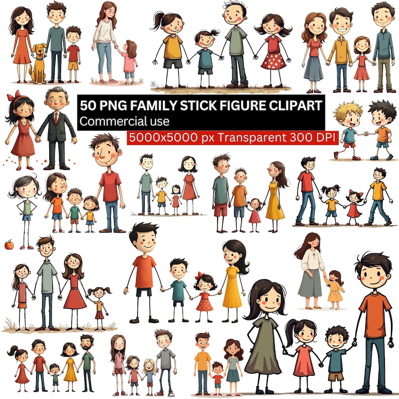 Family Stick Figure Clipart, 50 PNG Cartoon Parents Kids Illustrations ...