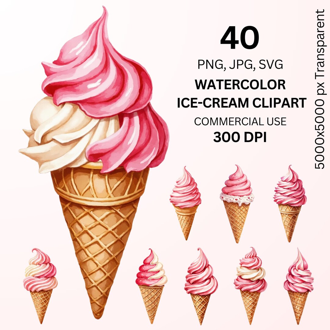 Watercolor Ice Cream Clipart Bundle, 40 Ice Cream Cone PNG SVG, Sweet ...