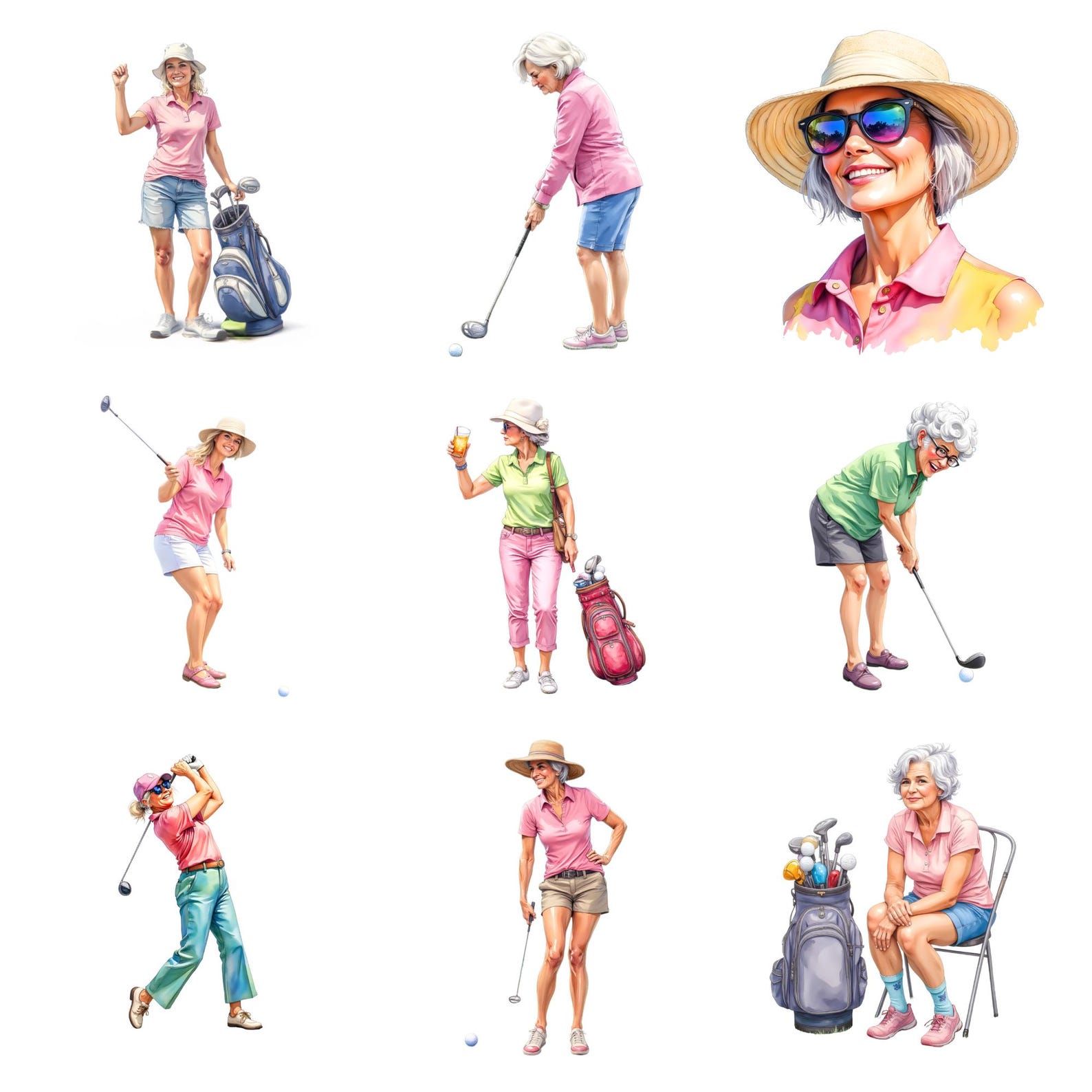 Senior Lady Golfer Clipart Bundle, 30 PNG Golf Woman Clipart, Grandma ...