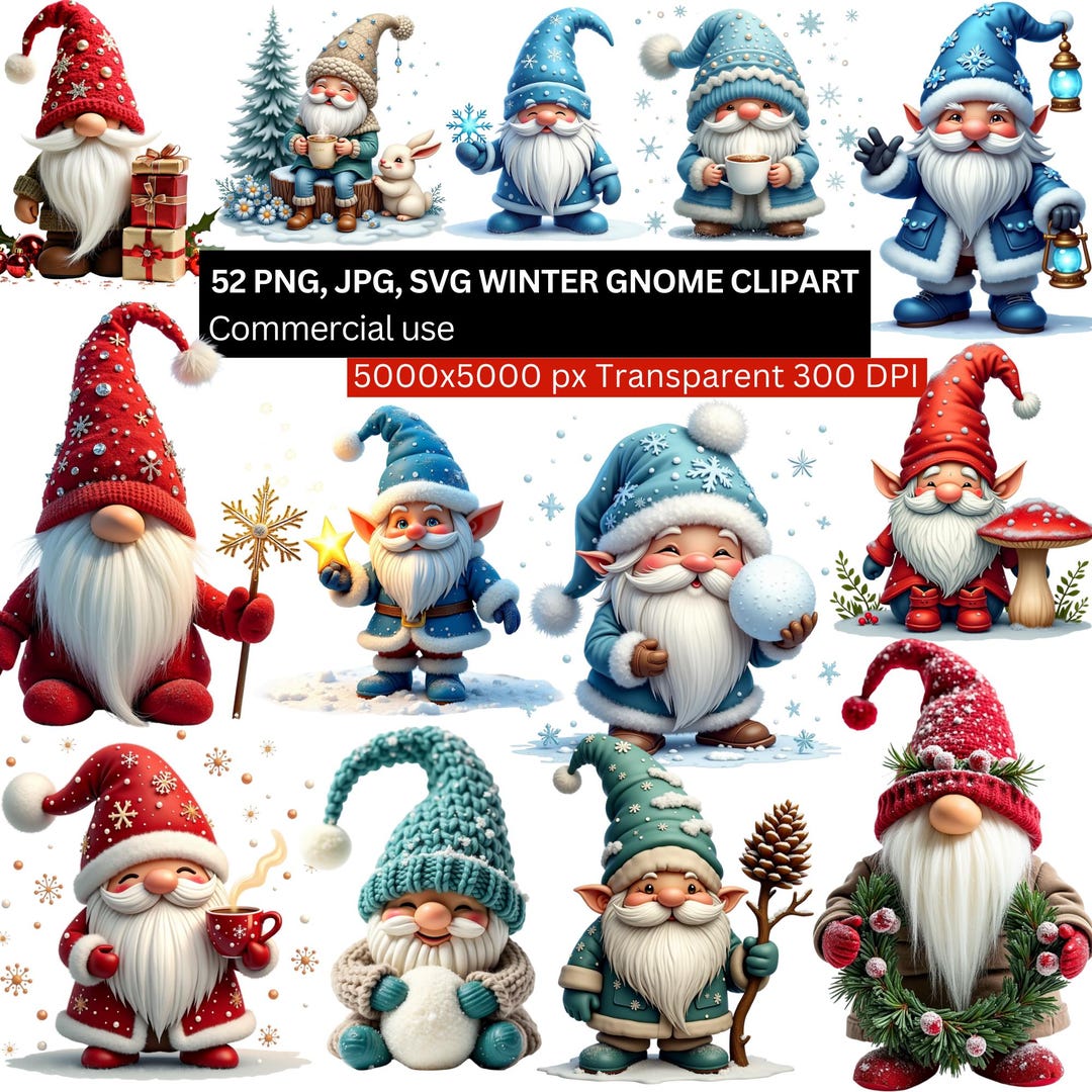 52 Winter Gnome Clipart PNG JPG SVG Bundle, Cute Snow Gnomes Christmas ...