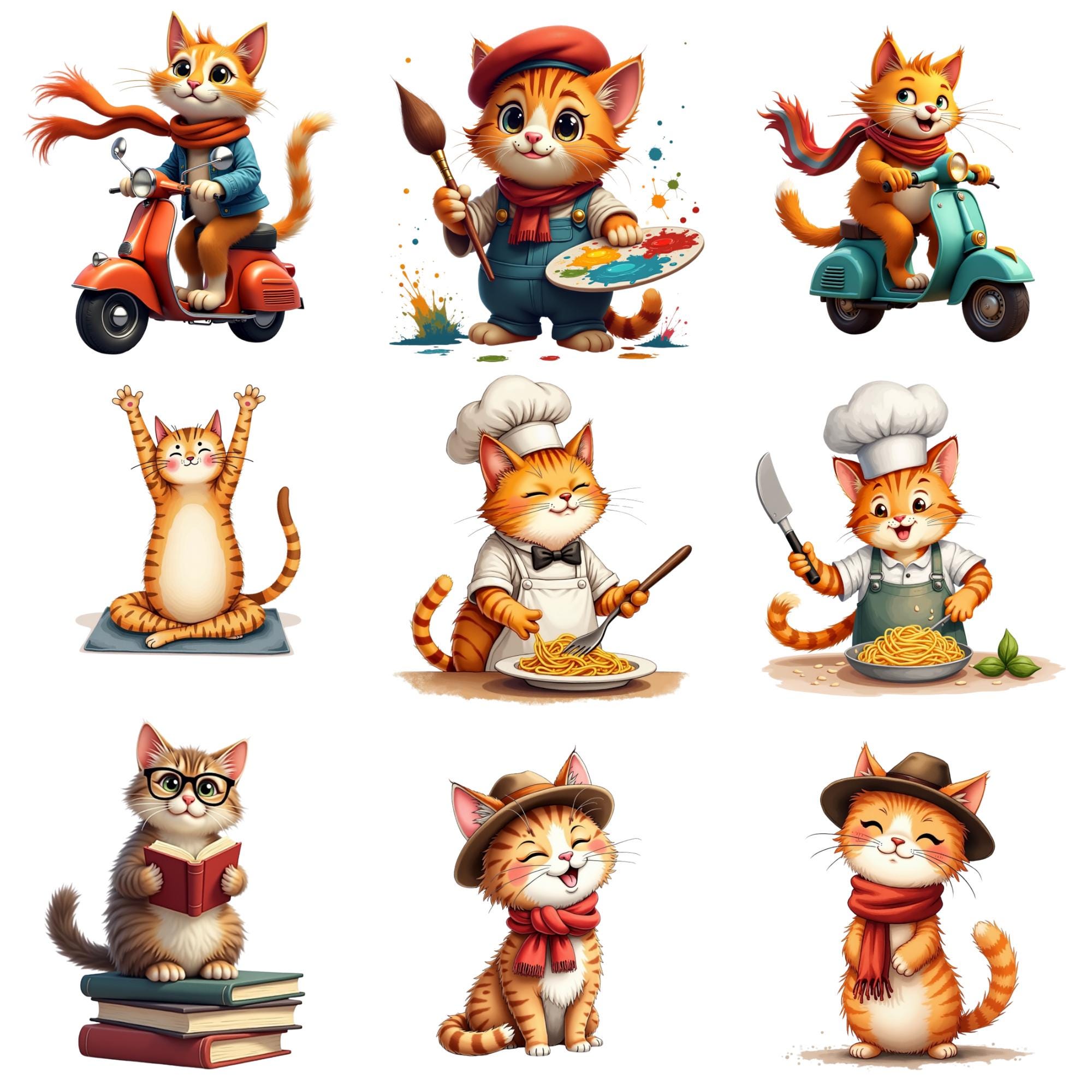 Whimsical Cats Clipart, Cute Cat PNG Bundle, Cartoon Kitty SVG, Funny ...