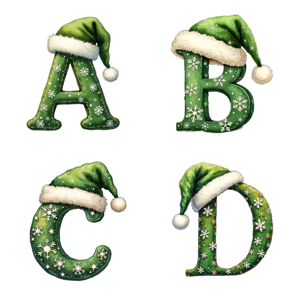 36 PNG Green Christmas Alphabet Clipart, Santa Hat Letters & Numbers ...