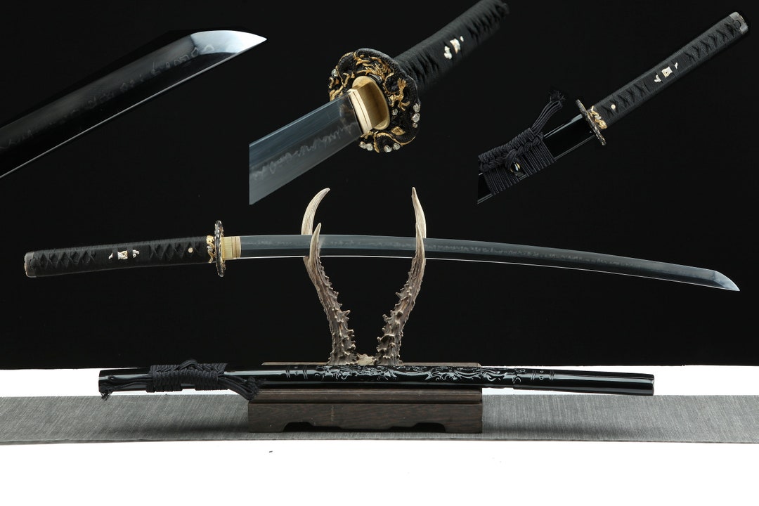 Black Samurai Sword Wooden Sheath Carved Overburden Burnt Edge - Etsy