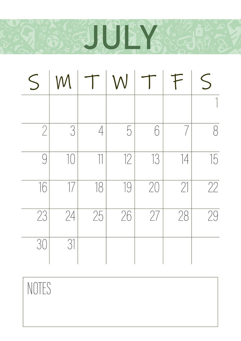 Fillable Editable Summer Green July 2023 Calendar | Digital Monthly PDF ...