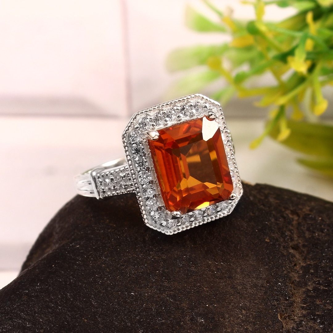 Emerald Cut Orange Sapphire Wedding Ring Dainty Minimalist Engagement ...