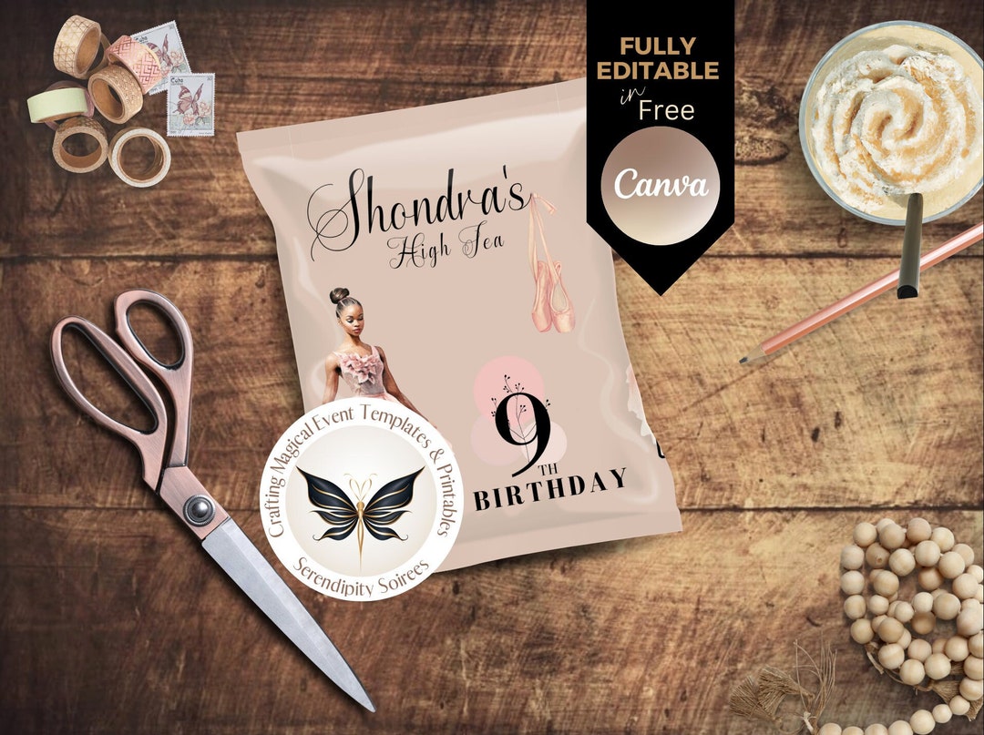 Ballerina Birthday Party Favours Choc Printable Canva Chip Packet ...