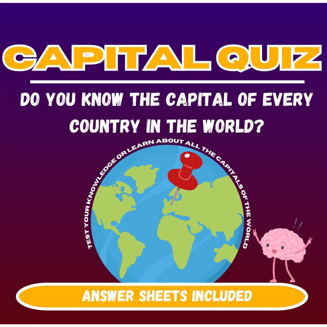 World Capitals Quiz Kit, Geography Trivia Game (printable PDF) - Etsy
