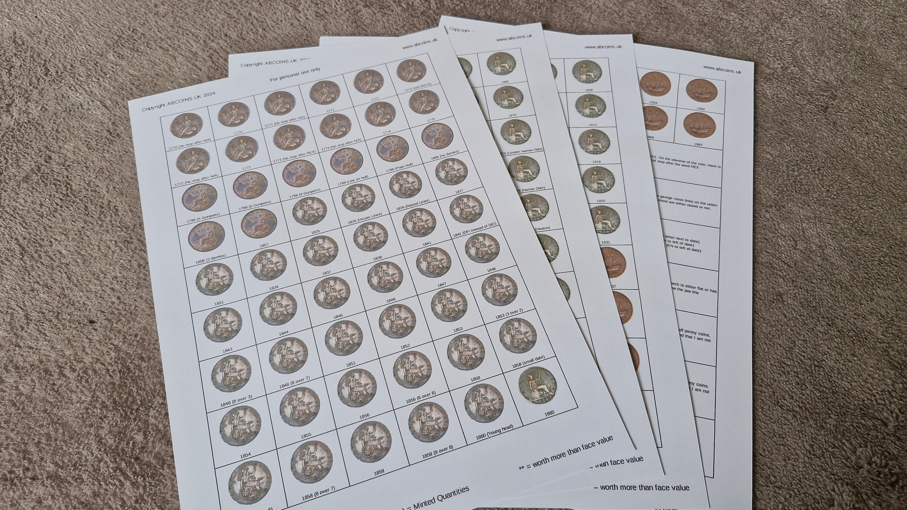 Coin Collector Sheets, Old Half, One Penny, 50p 1, 2 Pound Album Inserts Folder Sheet Check off ...