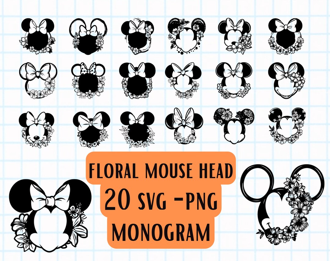 Flower Mouse Head Svg, Mouse Monogram, Retro Mouse Head, Flower Wreath ...