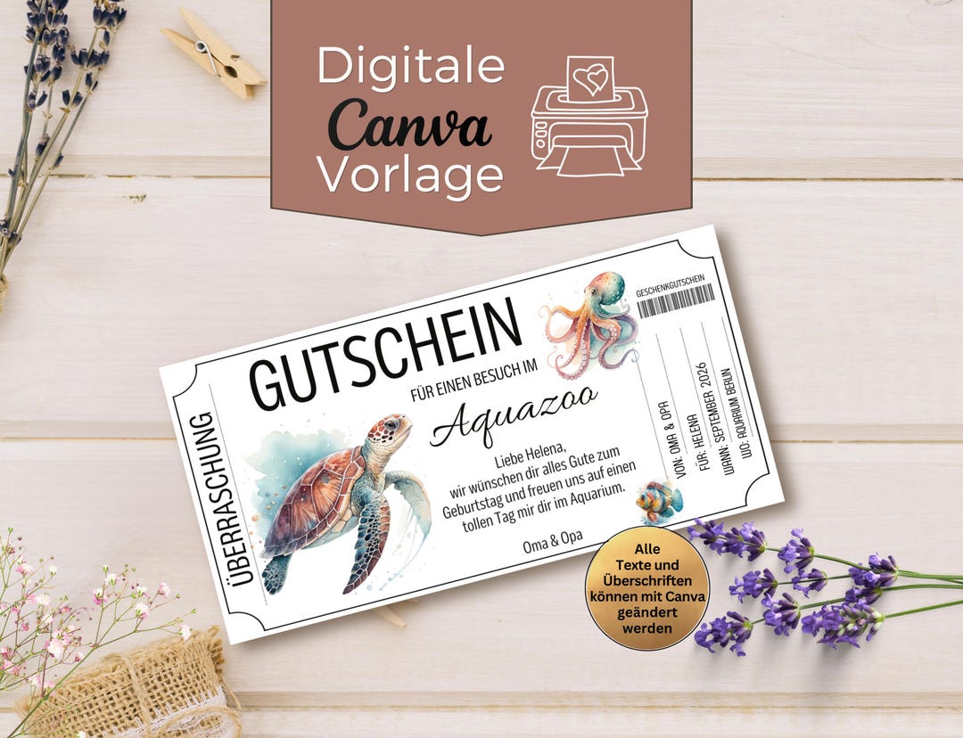 Aquarium Voucher Template | Digital Canva Template | Watercolor Turtle ...