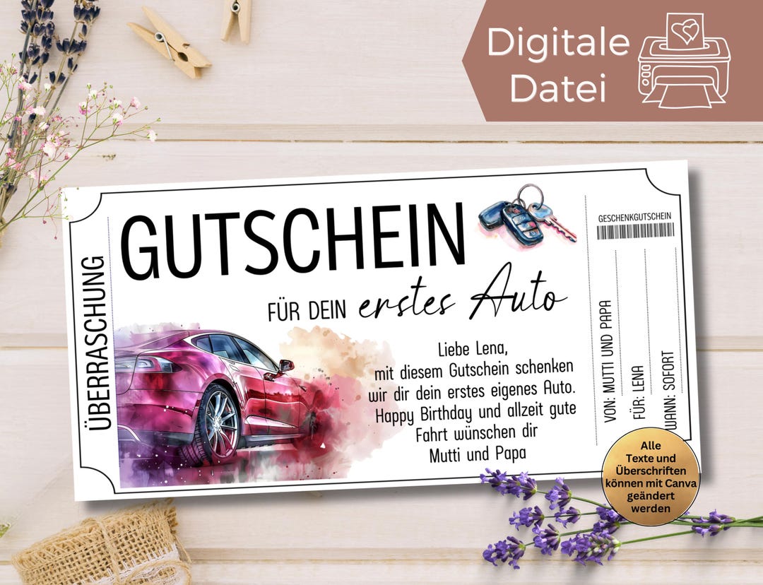 Voucher for First Car Template for Personalization, Printable | Gift ...