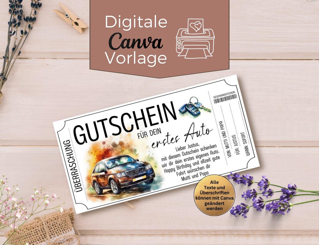 Voucher for First Car Template for Personalization, Printable | Gift ...