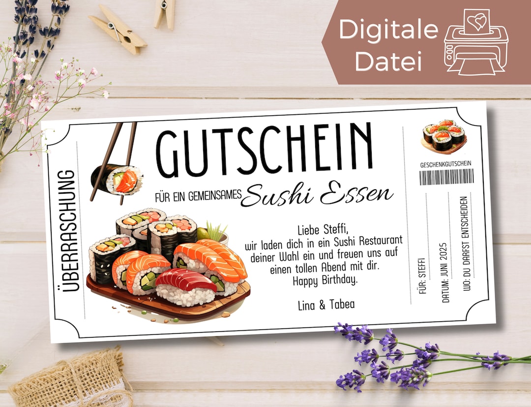 Gutschein Sushi Essen gehen Vorlage | Gutschein Abendessen Sushibar zum ...