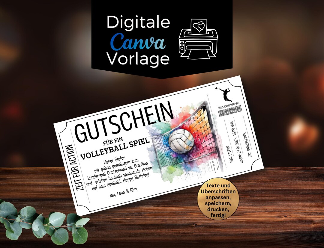 Volleyball Game Voucher Template to Print | Digital Gift Voucher ...