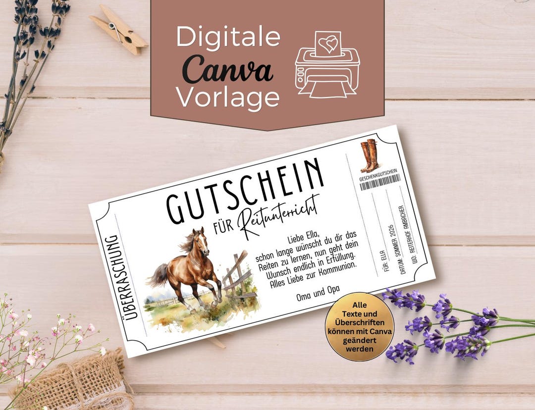 Riding Lesson Voucher | Gift Idea for Girls | Digital Voucher Template ...