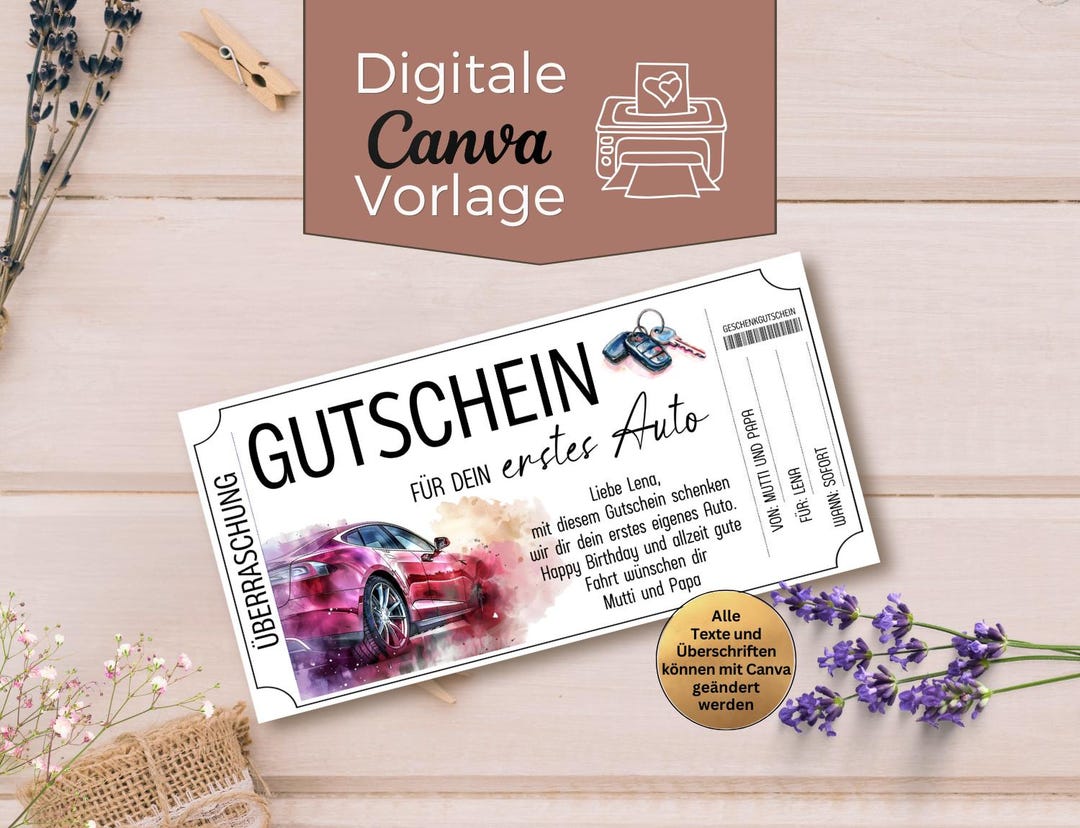 Voucher for First Car Template for Personalization, Printable | Gift ...