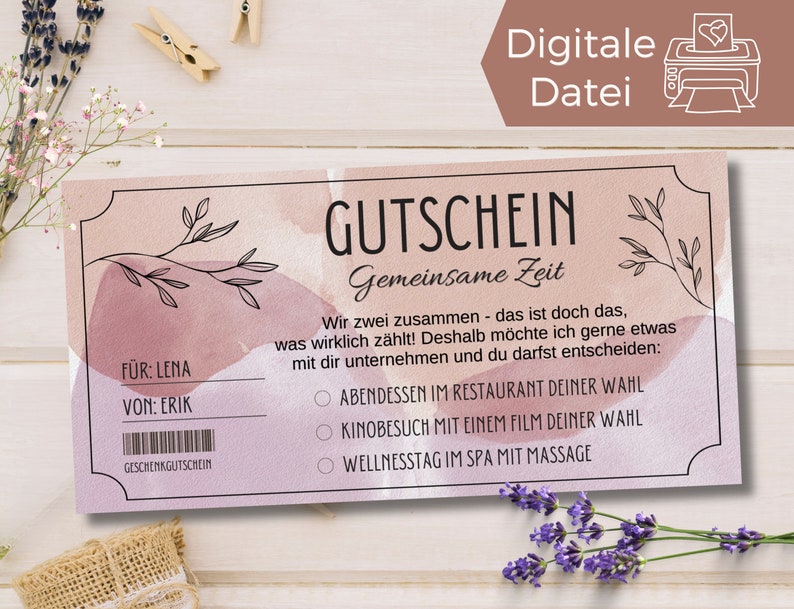Gutschein gemeinsame Zeit Vorlage Gutschein zum Ausdrucken Geschenkidee Zeit zu zweit ...