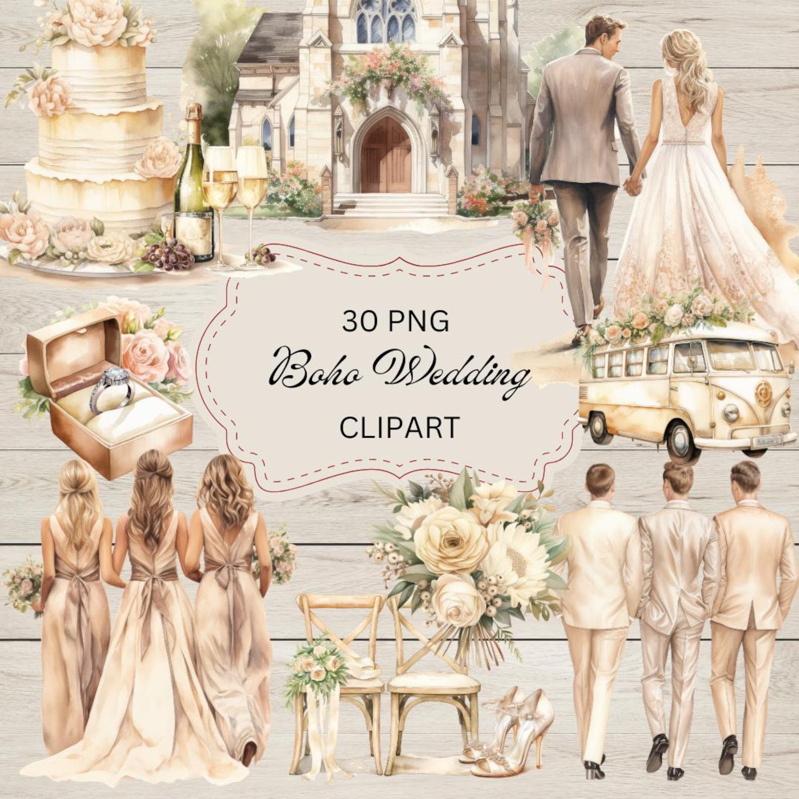 Boho Wedding Clip Art PNG Transparent Background Commercial Use Digital ...