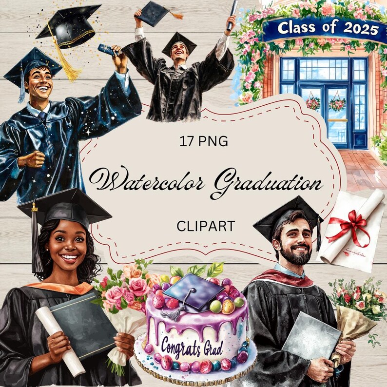 Watercolor Graduation Clipart Bundle |PNG |transparent Background ...