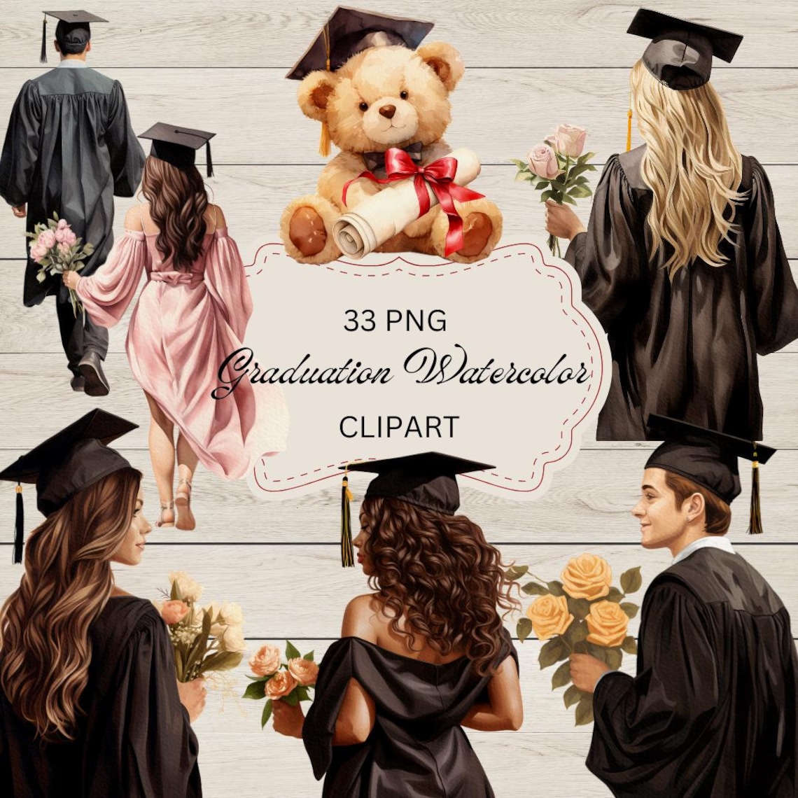 Graduation Watercolor Clip Art PNG Transparent Background commercial ...