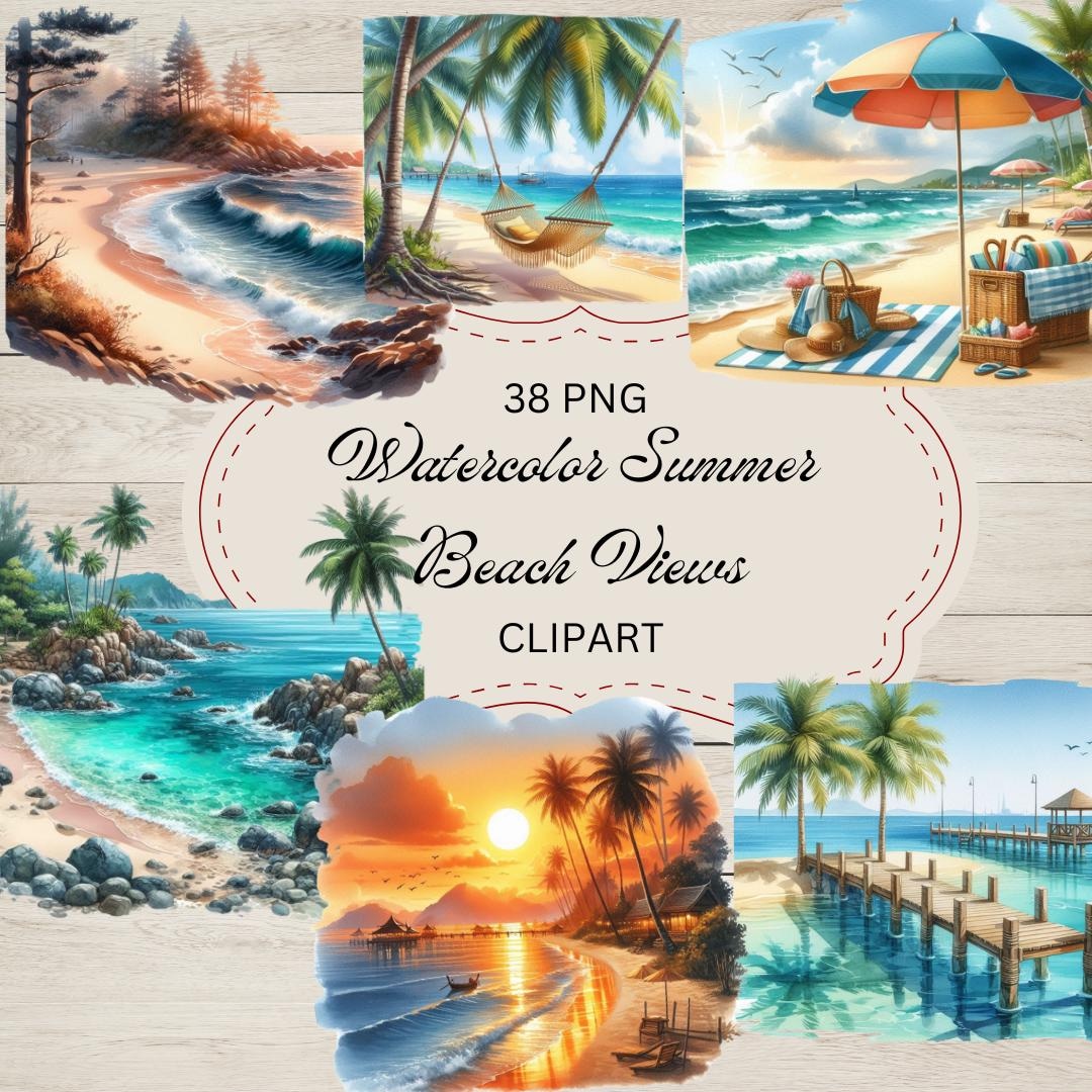 Watercolor Summer Beach Views Clipart Bundle |PNG |transparent ...