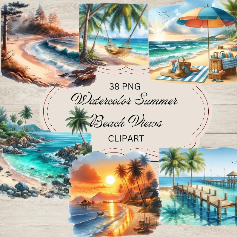 Watercolor Summer Beach Views Clipart Bundle |PNG |transparent ...