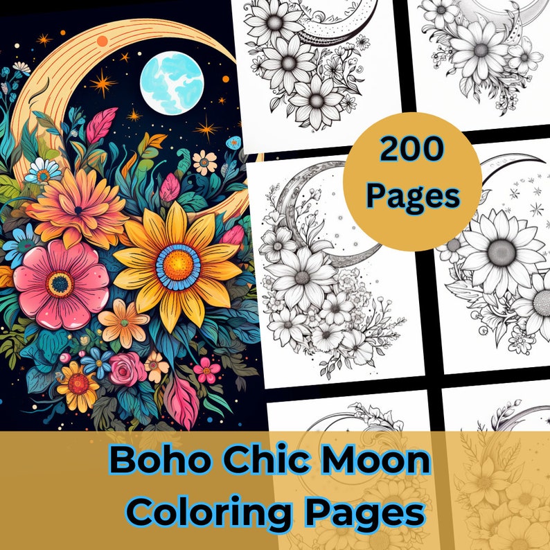 200 Boho Chic Moon Coloring Pages Templates Coloring for Adult Stress ...