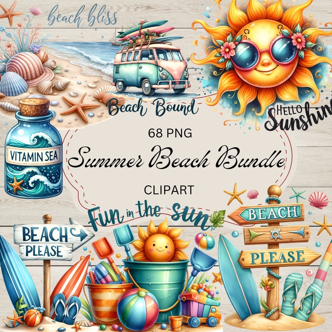 Summer Beach Clipart Bundle PNG Transparent Background Commercial Use ...
