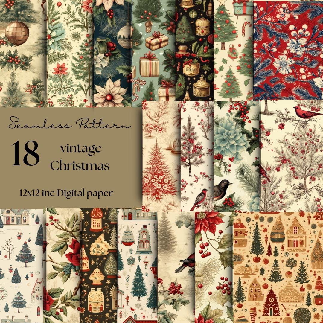 Retro Christmas Digital Paper Winter Patterns, Old Christmas Festive ...
