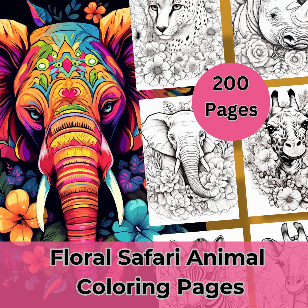 200 Floral Safari Animal Coloring Pages Templates Coloring Stress ...