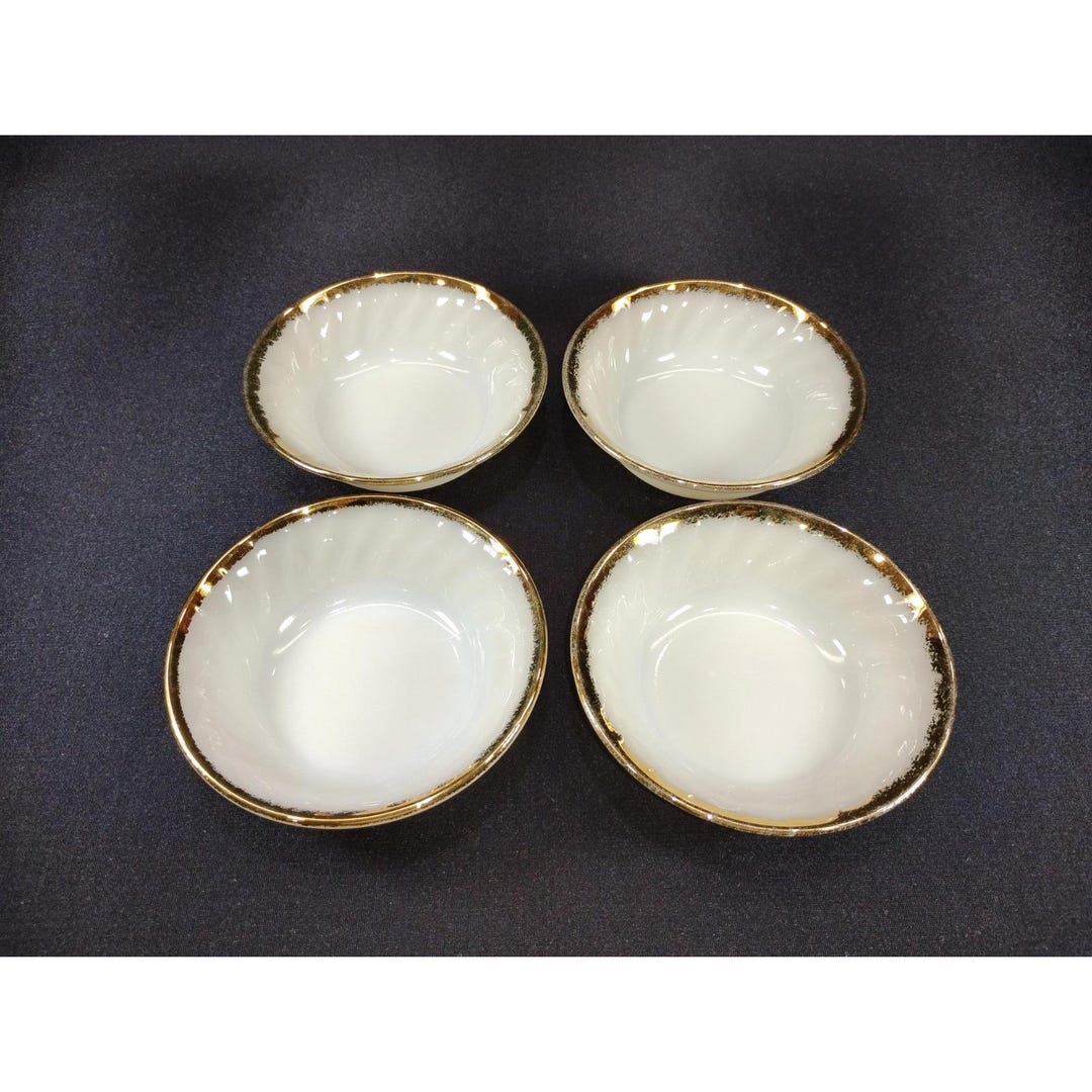 Vintage Fire-king Swirl Berry Bowls Set of 4 White Milk Glass Gold Trim ...