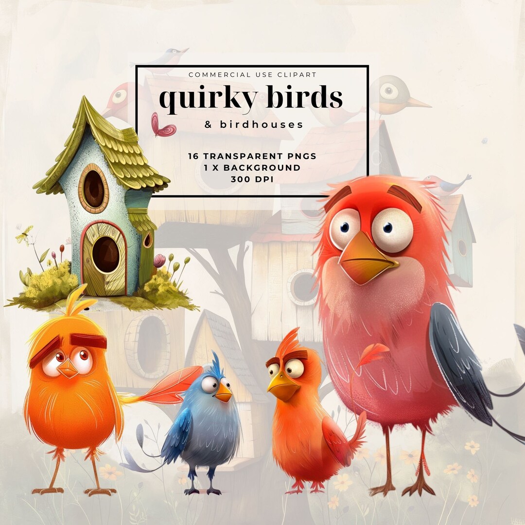 Quirky Funny Bird Clipart, Quirky Birdhouse Clipart, Whimsical Bird ...
