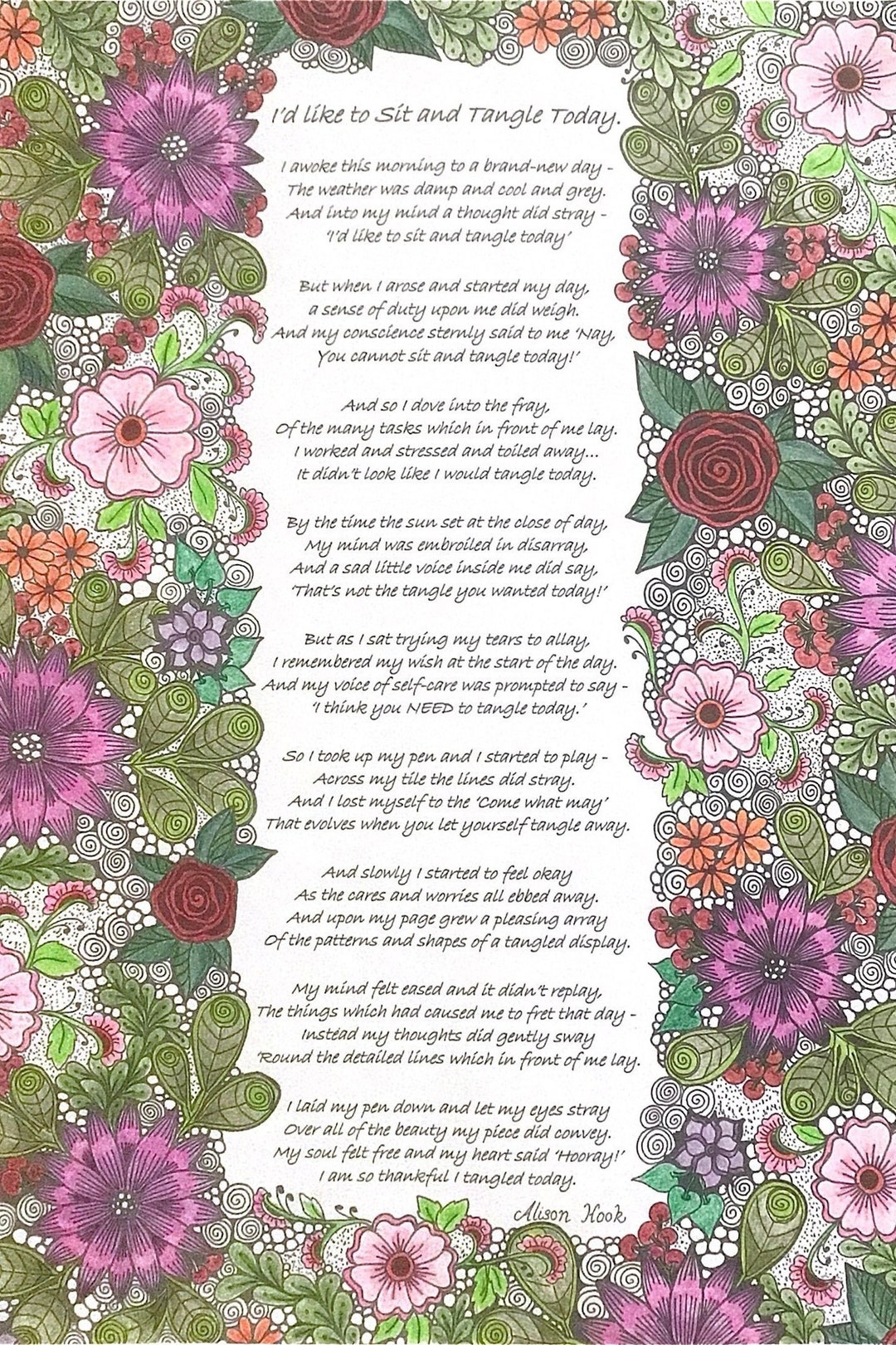 Limited Edition Coloured Print of Original Poem and Hand-drawn Tangled ...